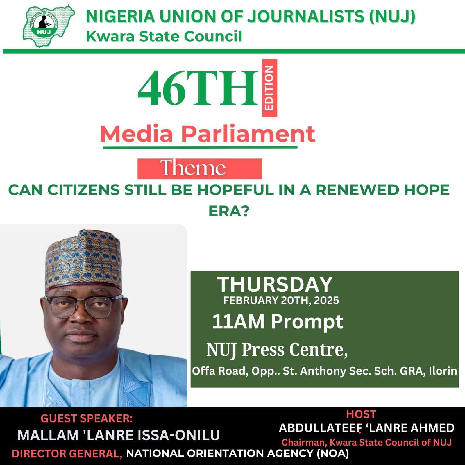 Kwara NUJ To Host NOA Director General, Lanre Issa-Onilu @ 46th Media ...
